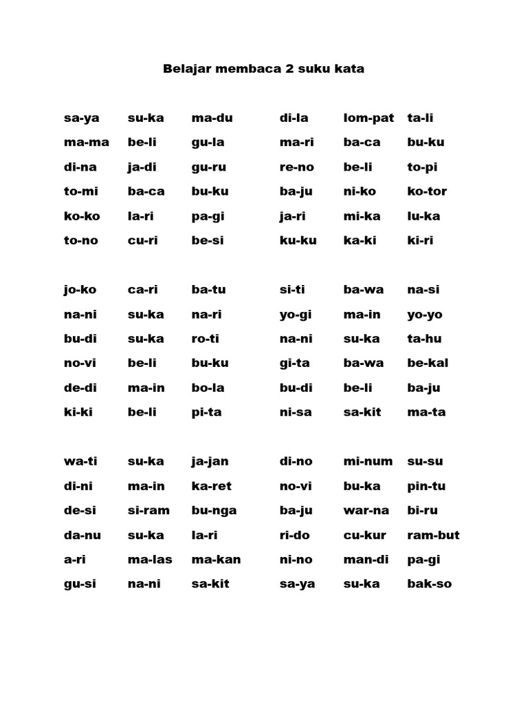 Belajar Membaca 2 Suku Kata | PDF