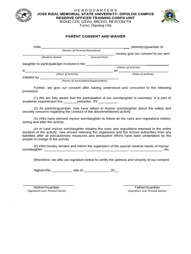 Rotc Parents Waiver and Consent Form 2 1 | PDF