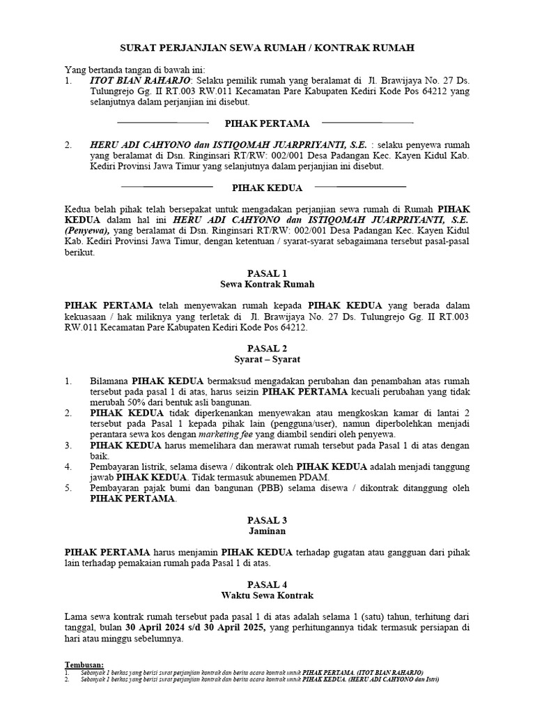 Surat Perjanjian Sewa Kios Pdf