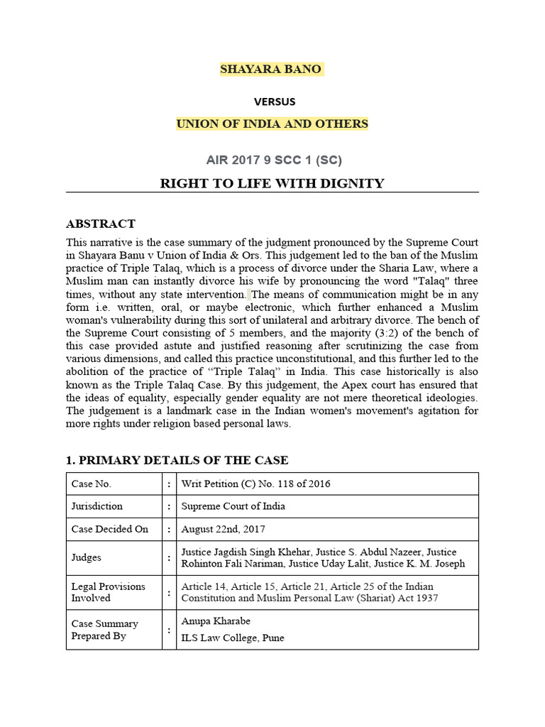 Shayara Bano V Union of India | PDF | Sharia | Justice