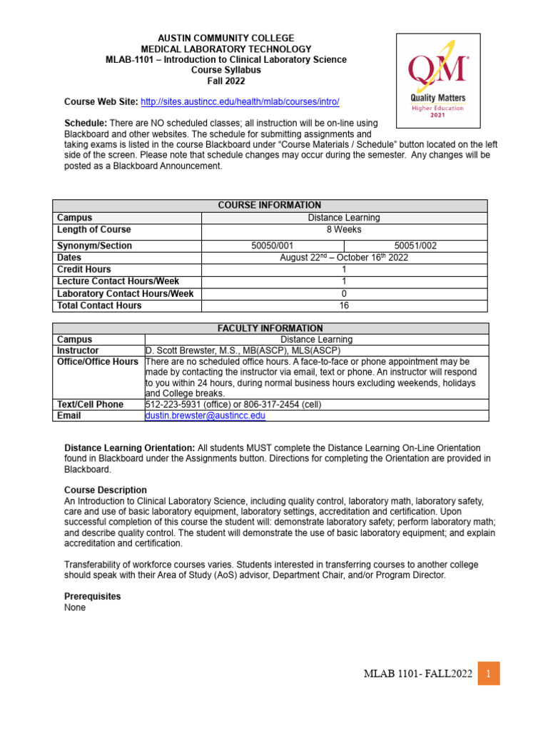 Master Syllabus - MLAB 1101 Fall | PDF | Libraries | Title Ix