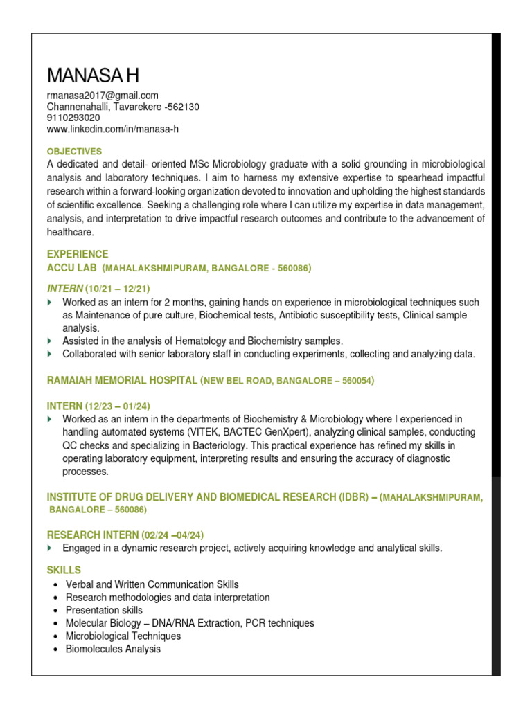 Manasa H Updted Resume | PDF | Laboratories | Compost