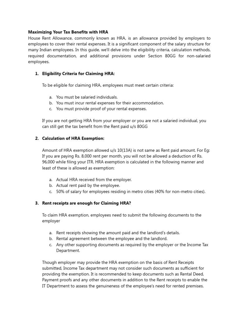 HRA - House Rent Allowance | Download Free PDF | Renting | Employment