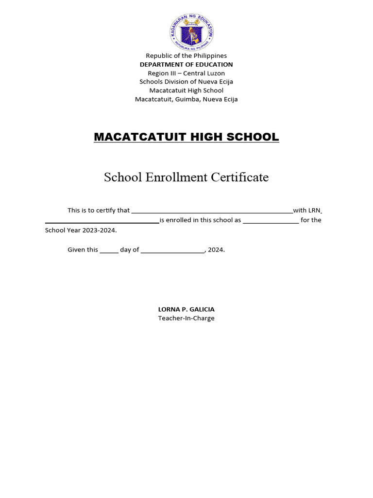 Certificate of Enrollment - 124948 | PDF
