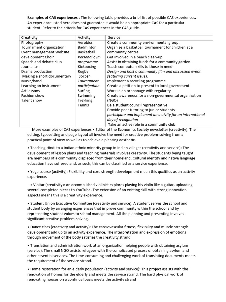 Examples_of_CAS_Experiences | PDF | Creativity | Flexibility (Anatomy)
