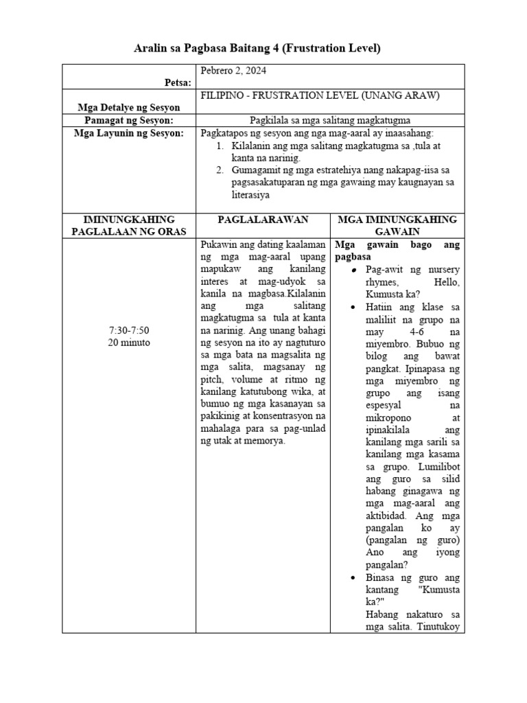Filipino Reading Grade 4 Unang Araw | PDF