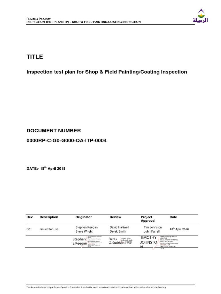 ITP For Piping Shop & Field Painting/coating | PDF | Specification ...