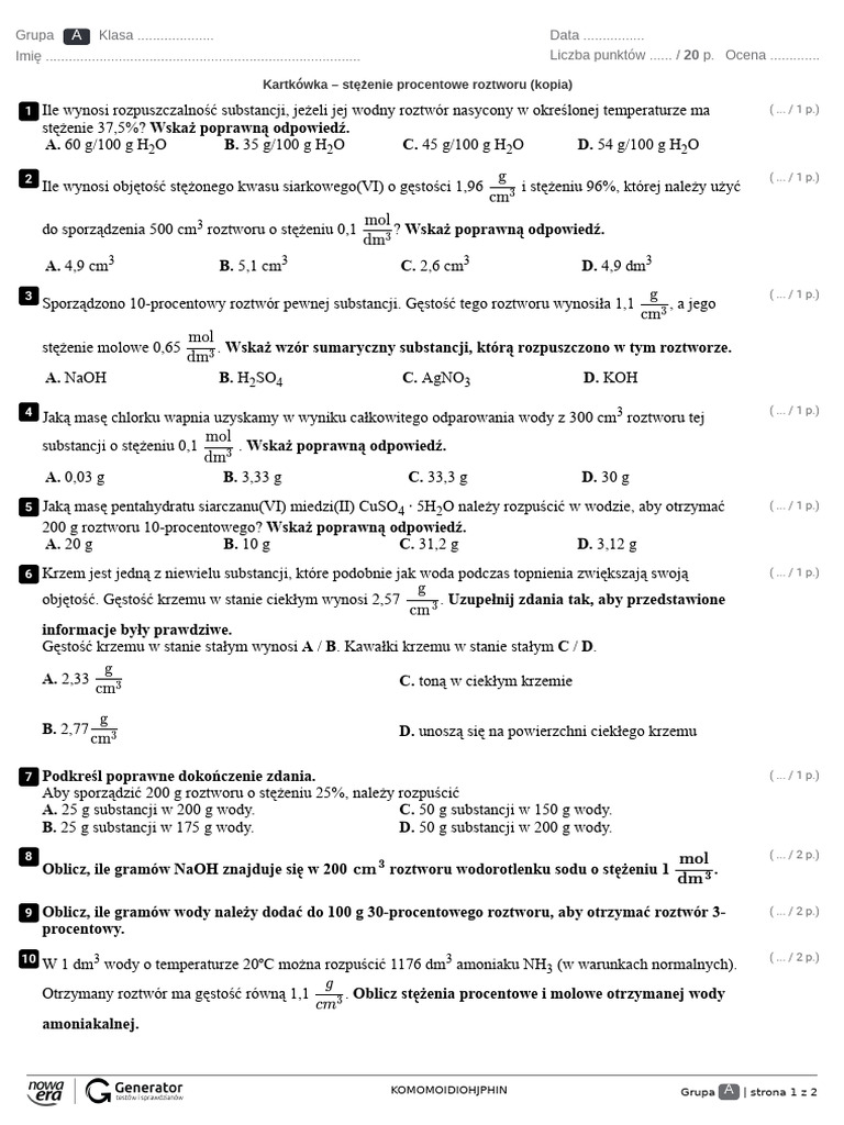 Kartkowka Stezenie Procentowe Roztworu Kopia Test Z Widoczna Punktacja ...