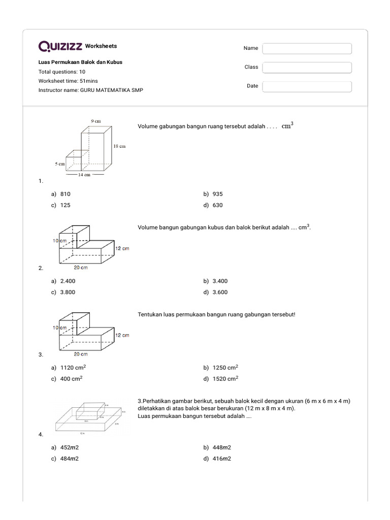 Luas Permukaan Balok Dan Kubus - Quizizz | PDF