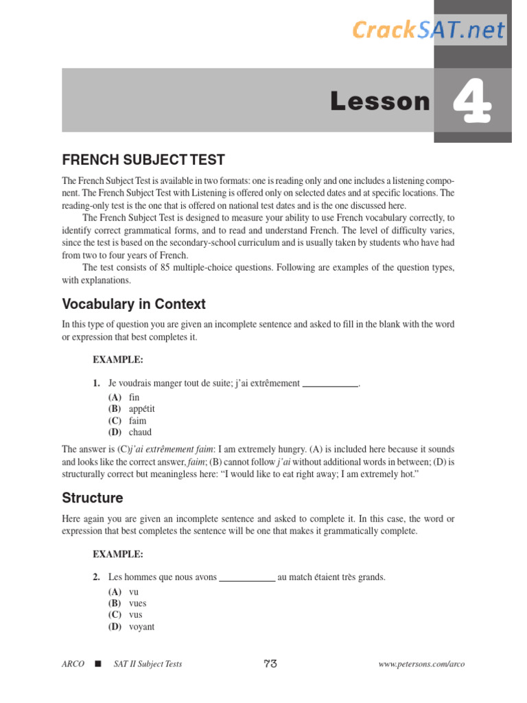 ARCO SAT Subject French Practice Test | PDF | Verb | Adjective