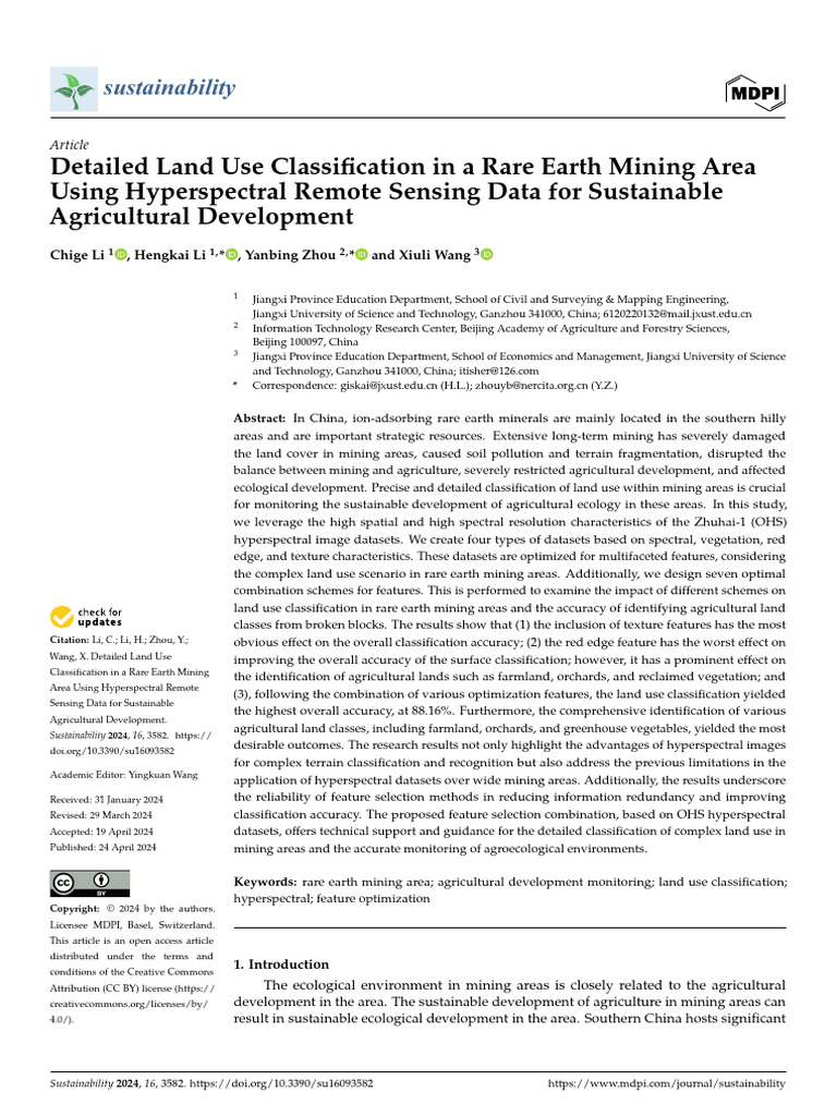 Detailed Land Use Classification in A Rare Earth Mining Area Using Hyperspectral Remote Sensing ...