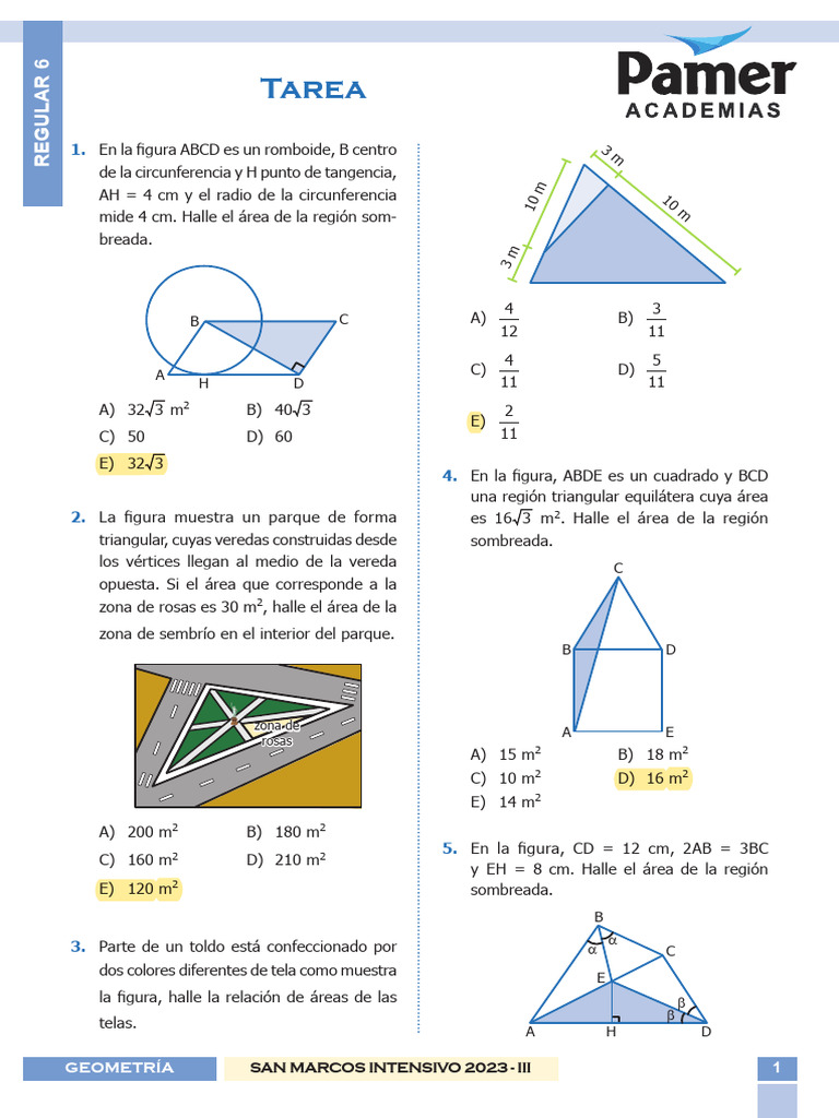 Geometría - Reg 6 - Área de Regiones Triangulares - Tarea | PDF ...