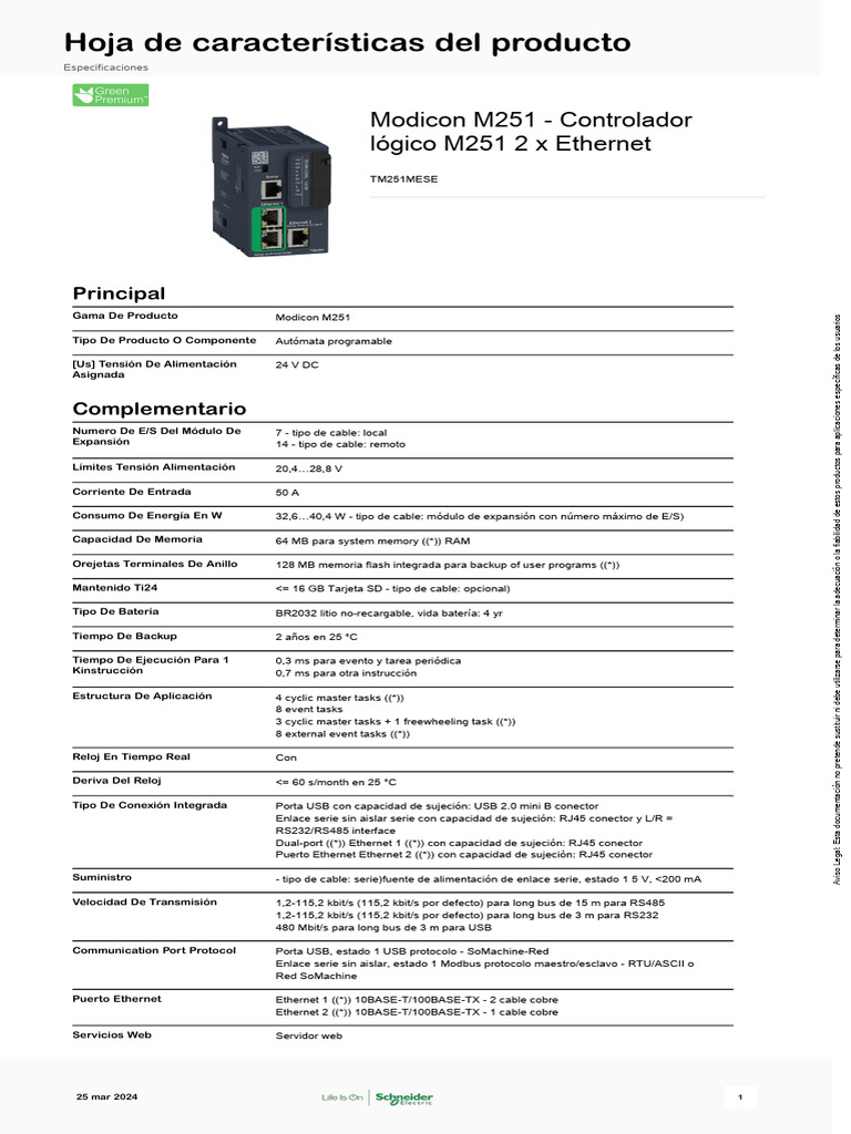 Controlador Modicon M251: Especificaciones y Sostenibilidad | PDF | Controlador lógico ...