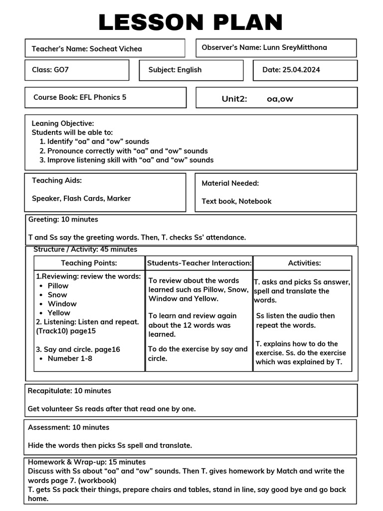 EFL Phonics 5, Lesson Plan On 25-04-2024, Socheat Vichea | PDF