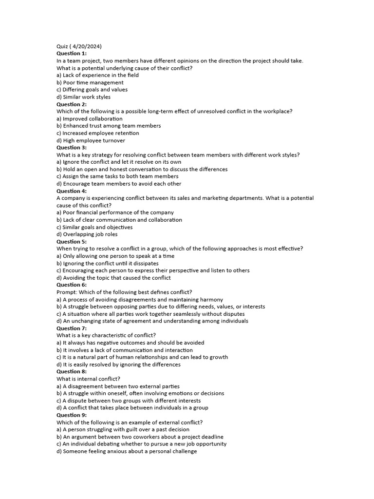 CONFLICT Quiz | PDF | Conflict Resolution | Organizational Behavior