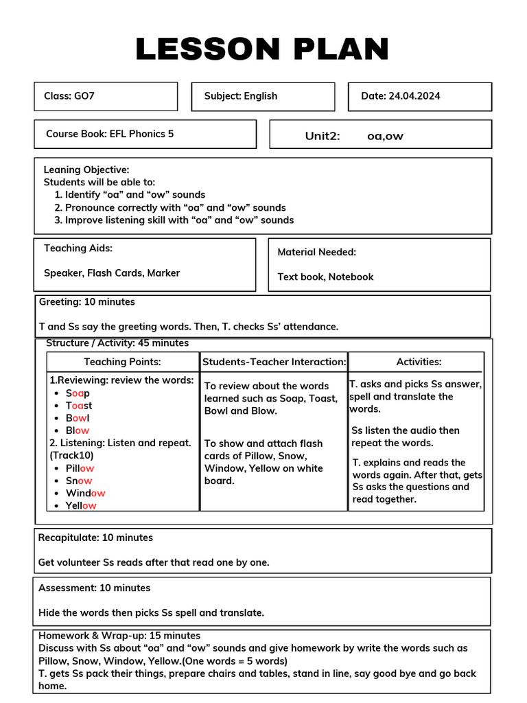 Phonics: Mastering "oa" and "ow" Sounds | PDF