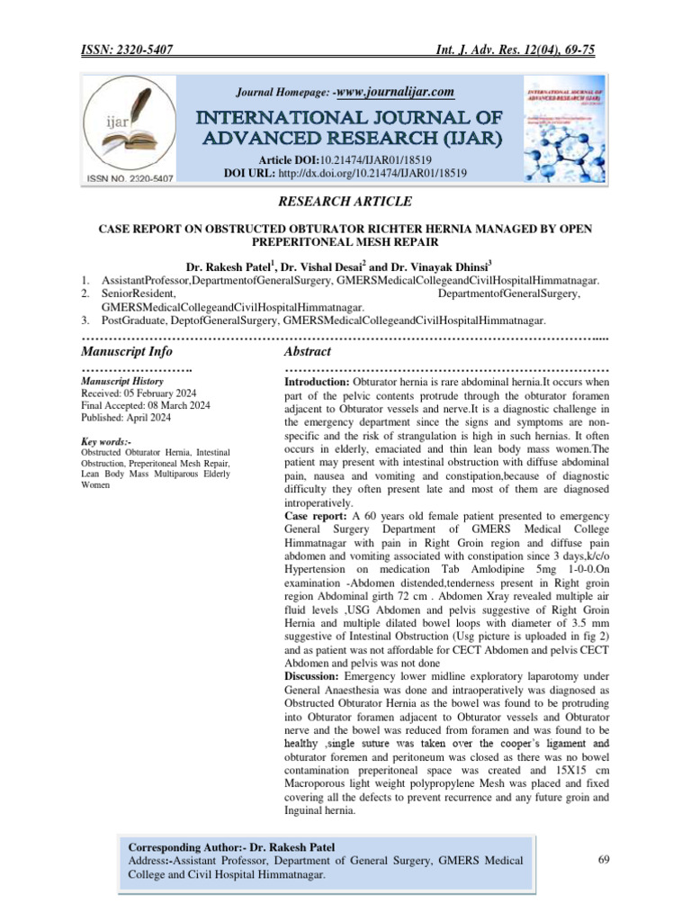 Case Report On Obstructed Obturator Richter Hernia Managed By Open