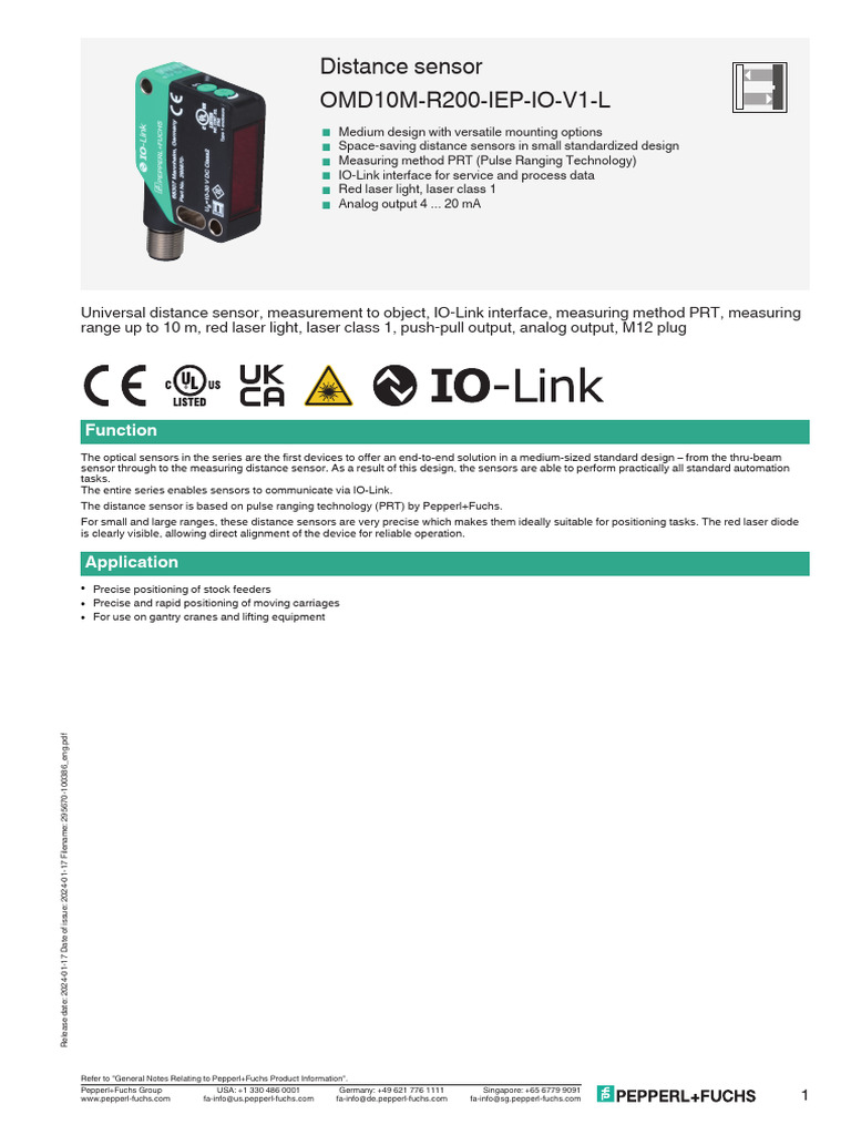 Data Sheet Distance Sensor - P&F - 295670-100386 | PDF | Light Emitting ...