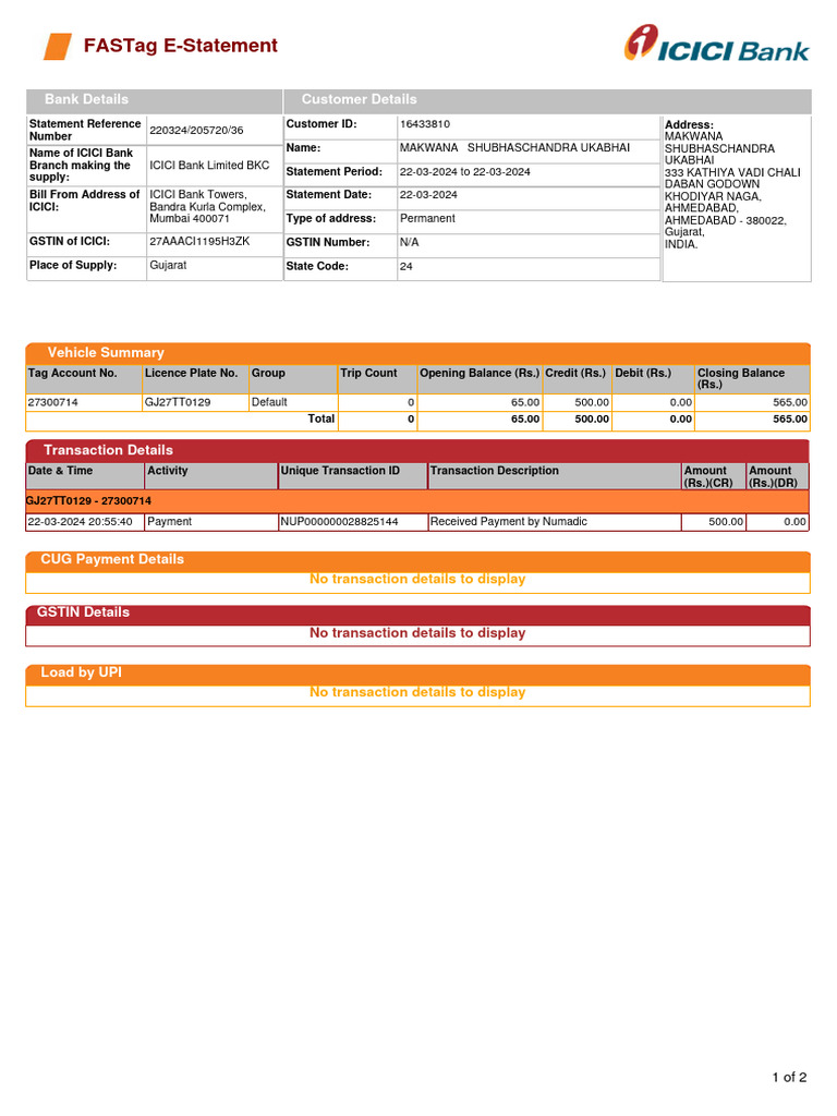 GJ27TT0129 FASTag Statement 1711121243236 | PDF | Banks | Debits And ...