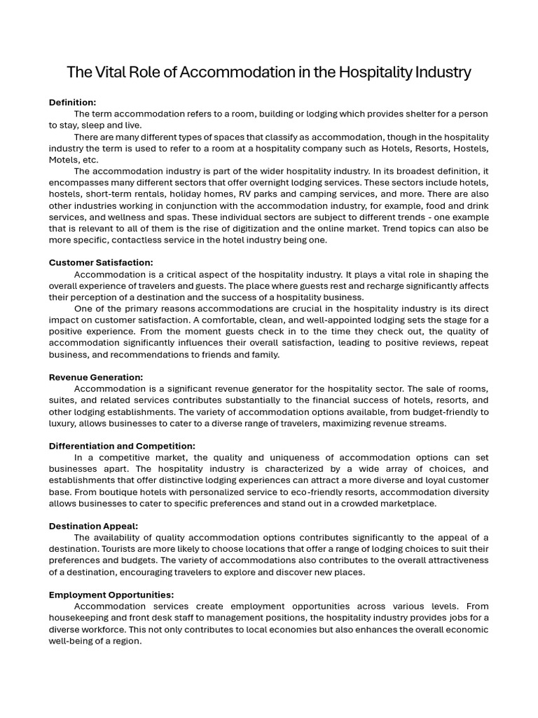 Importance of Accommodation in Hospitality | PDF | Hotel | Experience