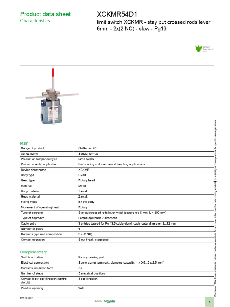Data Sheet Limit Switch - Schneider - XCKMR54D1 | PDF | Switch | Electric Power