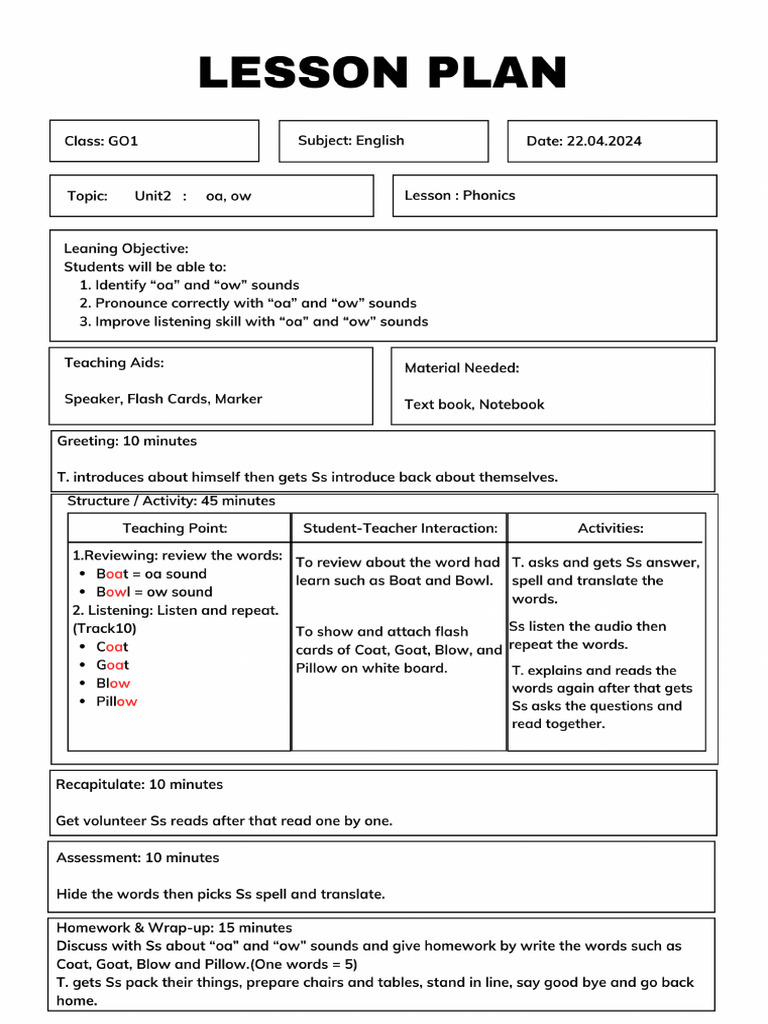 EFL Phonics 5, Lesson Plan On 22 04 2024, Sincerely, Socheat Vichea | PDF