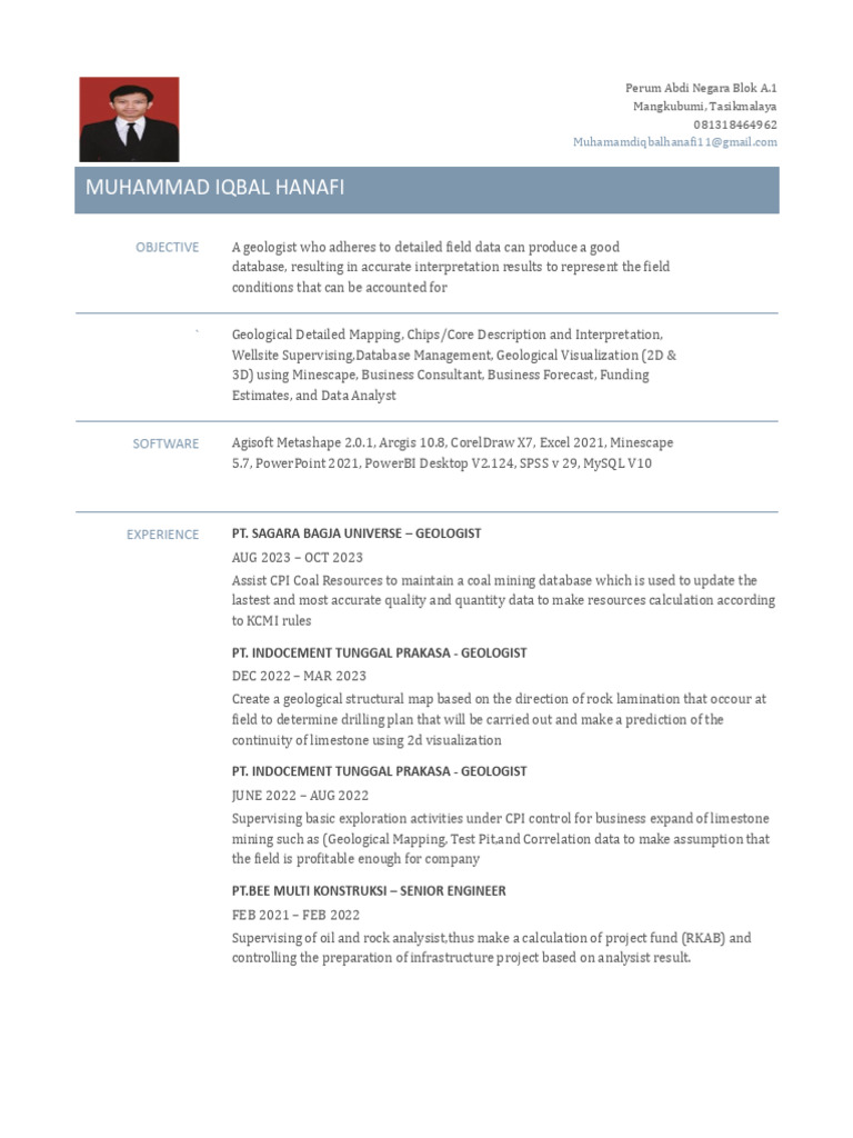Iqbal Hanafi GEOLOGIST JUNIOR Resume | PDF | Earth Sciences