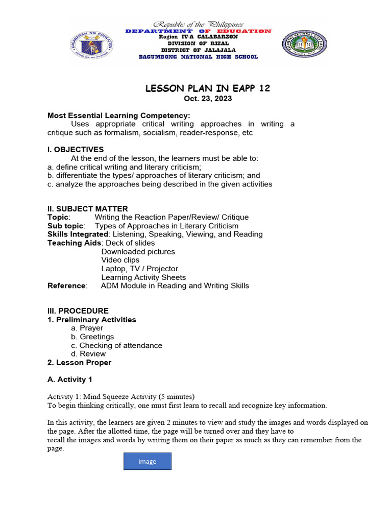 EAPP 12 Lesson Plan: Literary Criticism | PDF | Lesson Plan | Learning