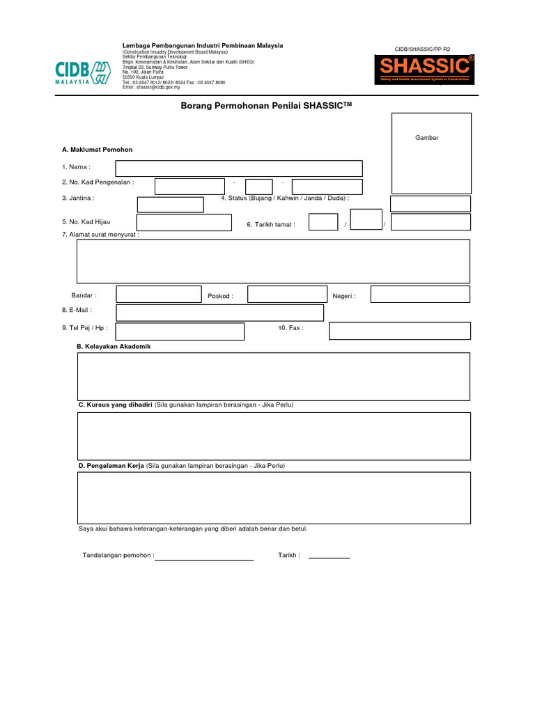Borang Permohonan Penilai Shassic (TM) Cidb | PDF