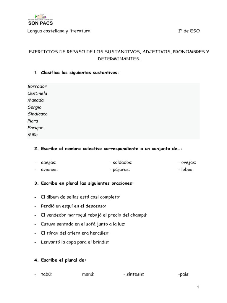 Ejercicios de Repaso de Lengua 1º ESO | PDF | Adjetivo | Sustantivo