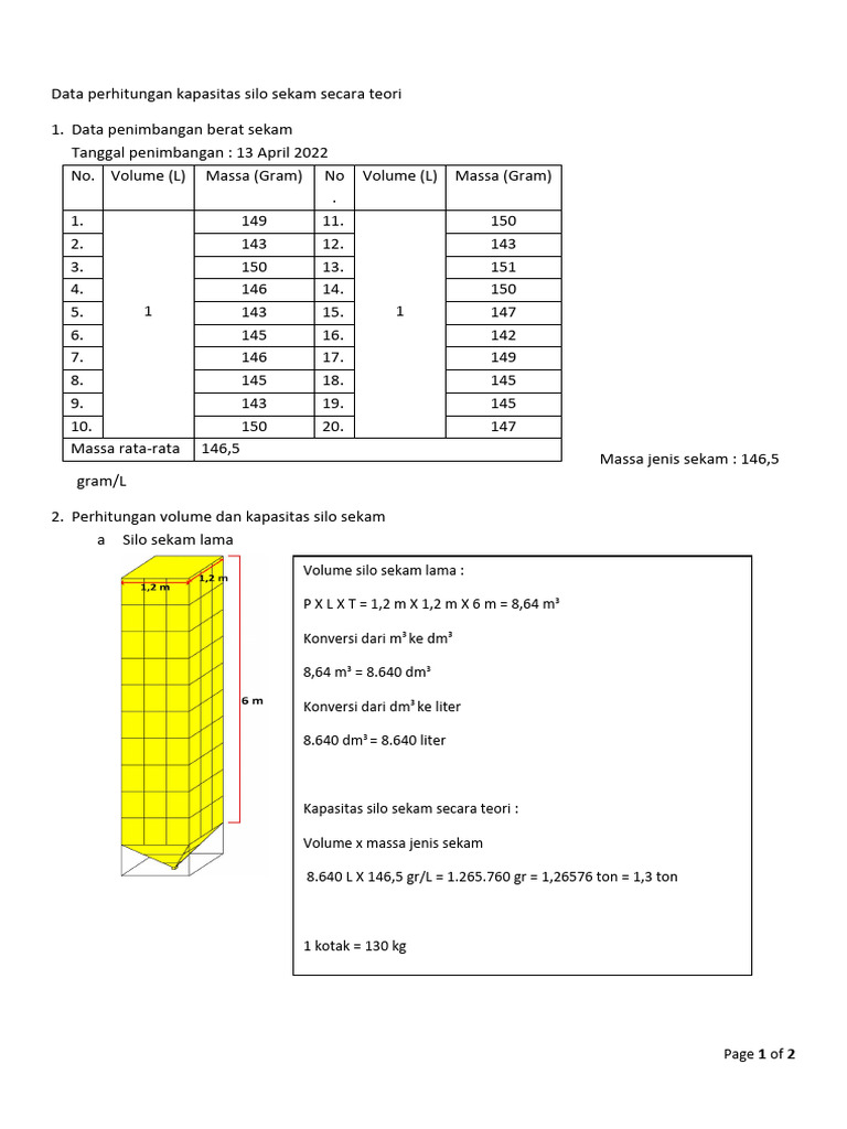 Perhitungan Volume Silo Sekam | PDF