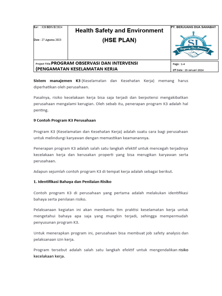 Program Observasi Dan Intervensi Aspek HSSE | PDF