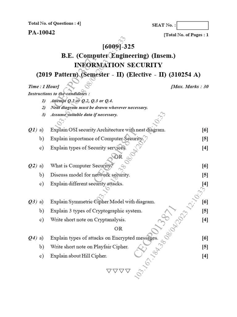 TE Comp - ELECTIVE-II Information Security (310254 A) | PDF | Encryption | Cryptography