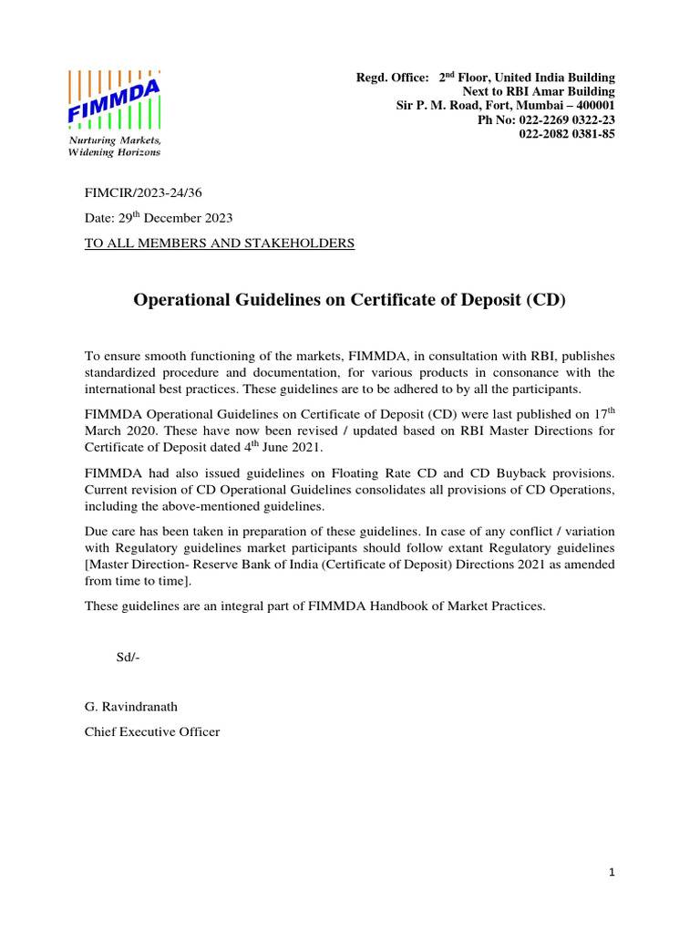 FIMMDA Guidelines for Certificate of Deposit | PDF | Certificate Of ...