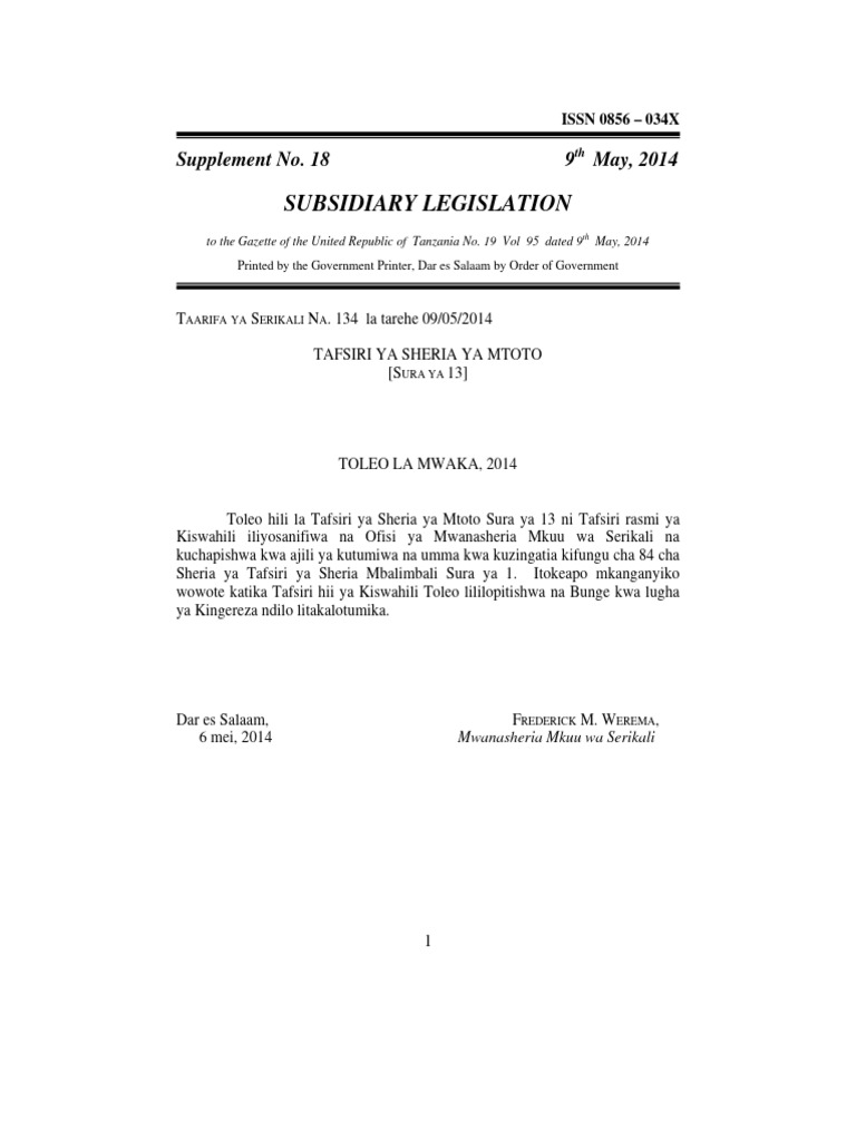 Sheria Ya Mtoto Ya Mwaka 20141 | PDF