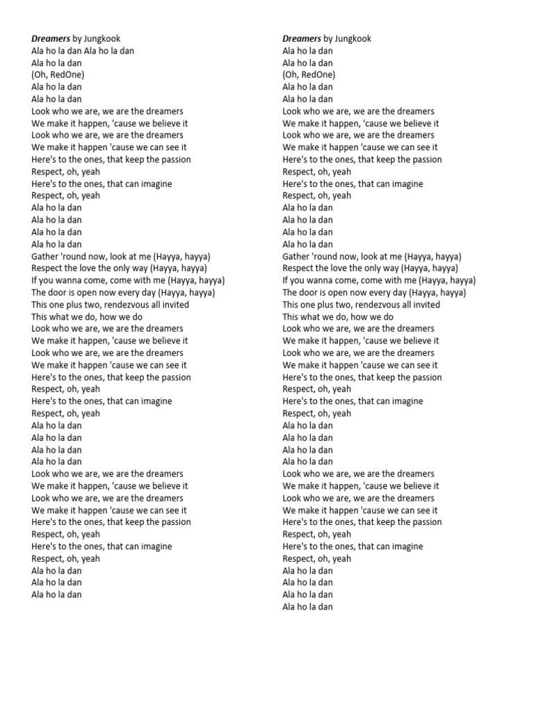 Dreamers by Jungkook Lyrics | PDF