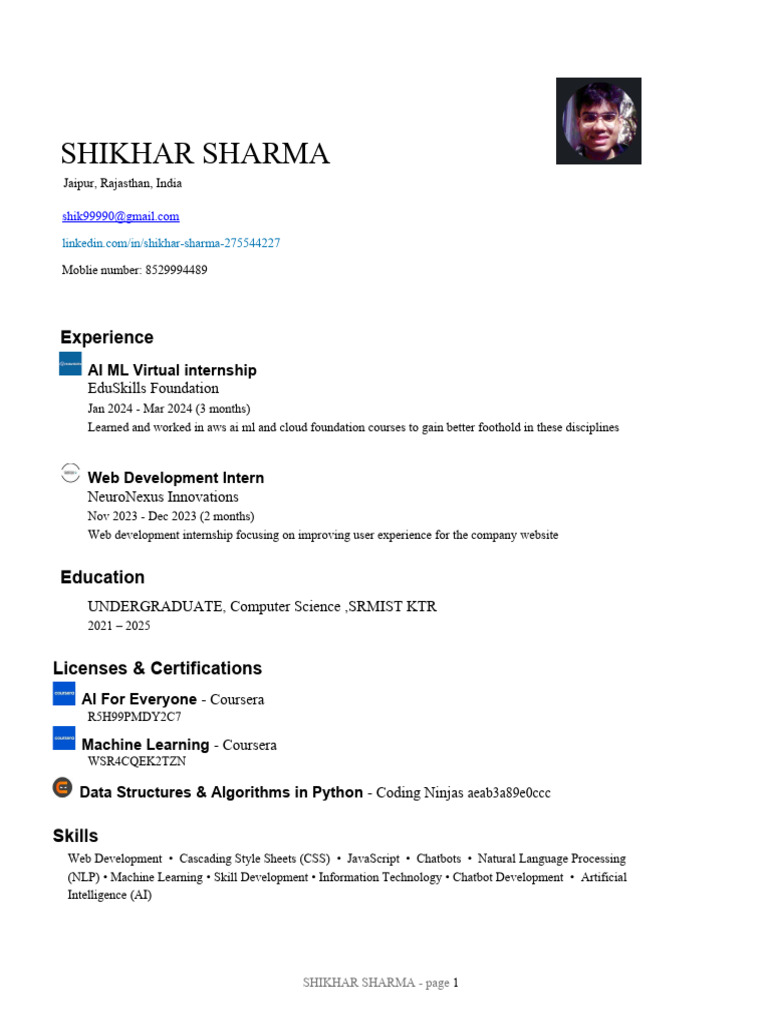 Shikhar Sharma: AI & Web Development Intern | PDF