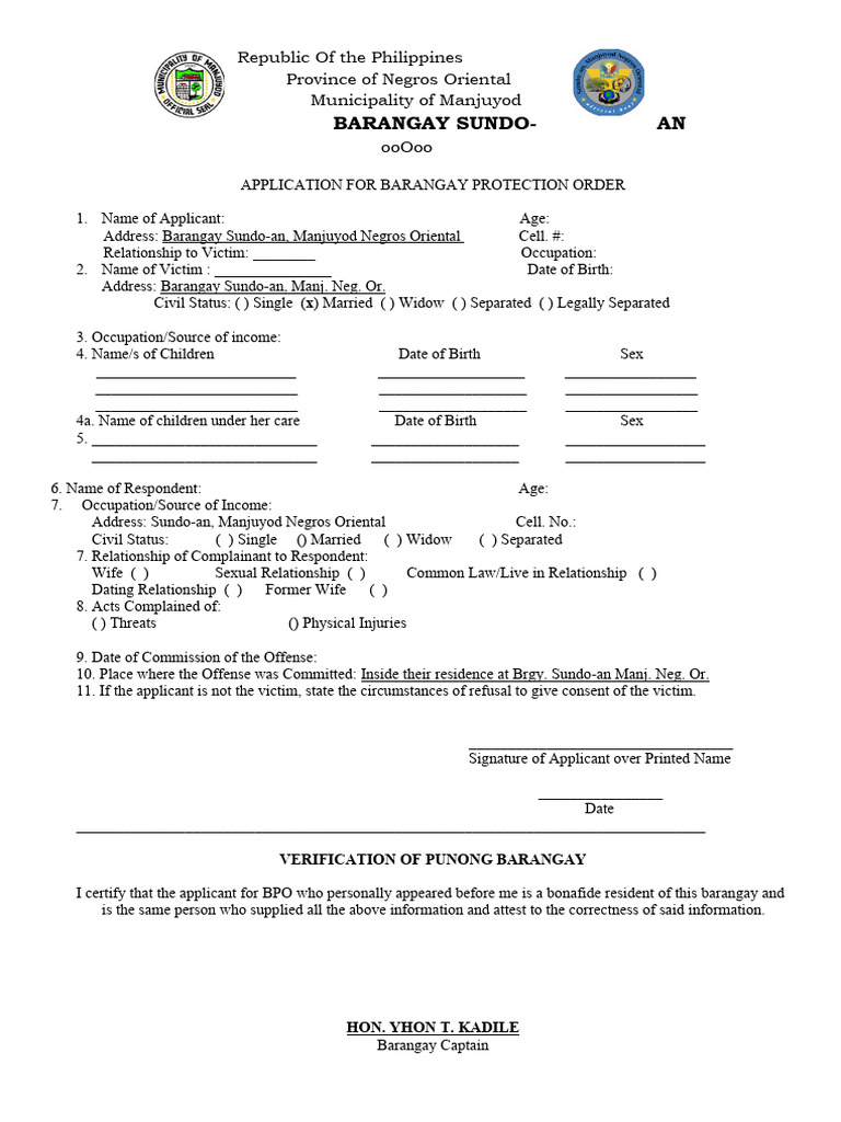 Application For Brgy. Protection | PDF | Human Rights | Social Ethics