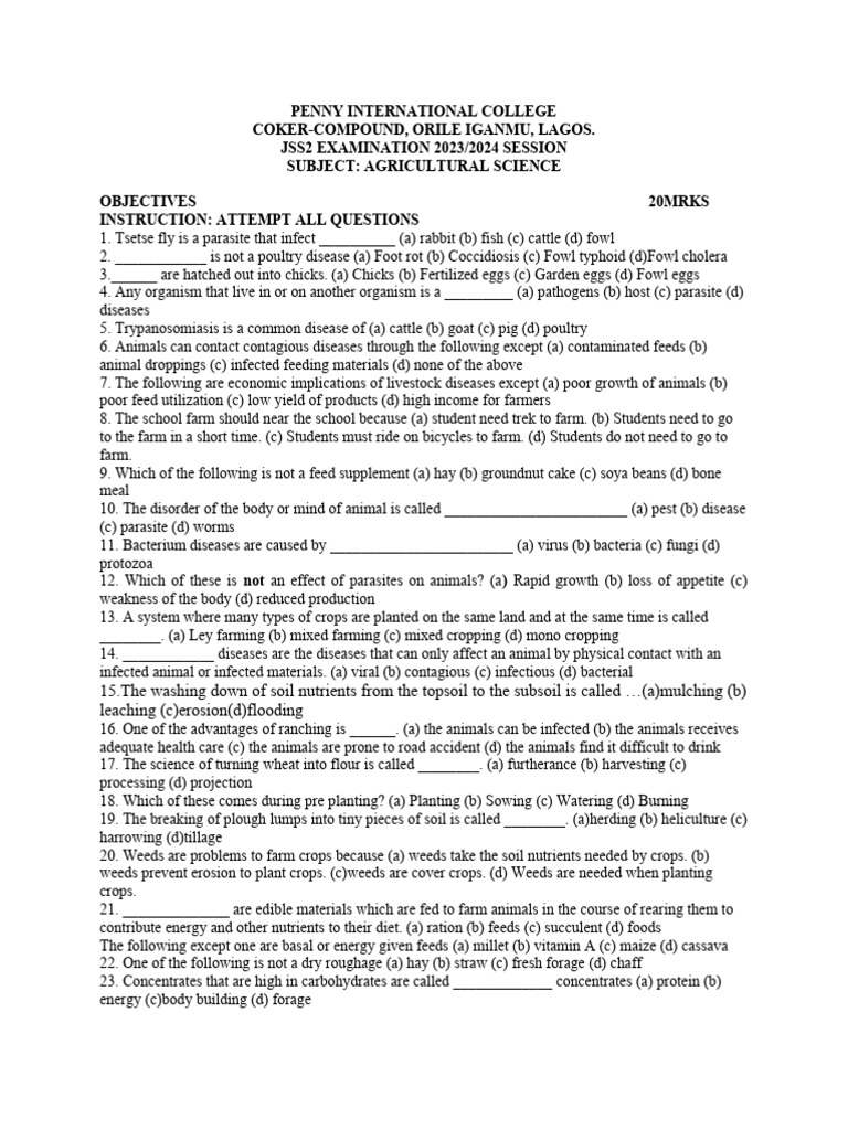 JSS2 Agricultural Science Exam Questions | PDF | Infection | Fodder