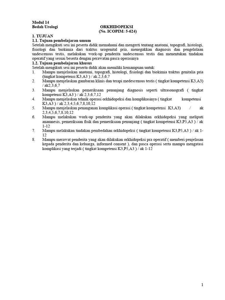 Modul 14 Bedah Urologi Orkhidopeksi (No. ICOPIM: 5-624) 1. Tujuan 1.1 ...