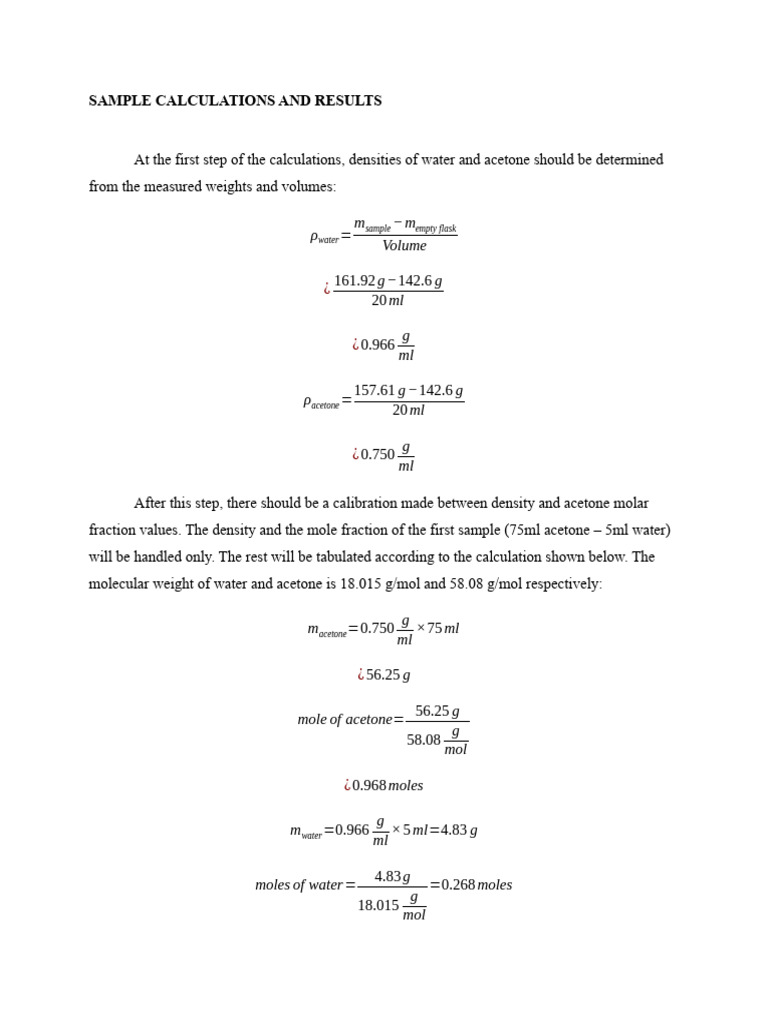 Sample Calculations and Results | PDF | Density | Chemistry