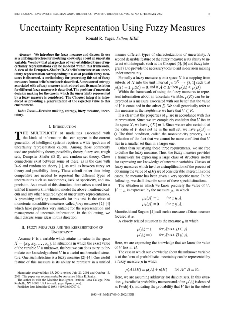 Uncertainty Representation Using Fuzzy Measures: Ronald R. Yager, Fellow, IEEE | Download Free ...