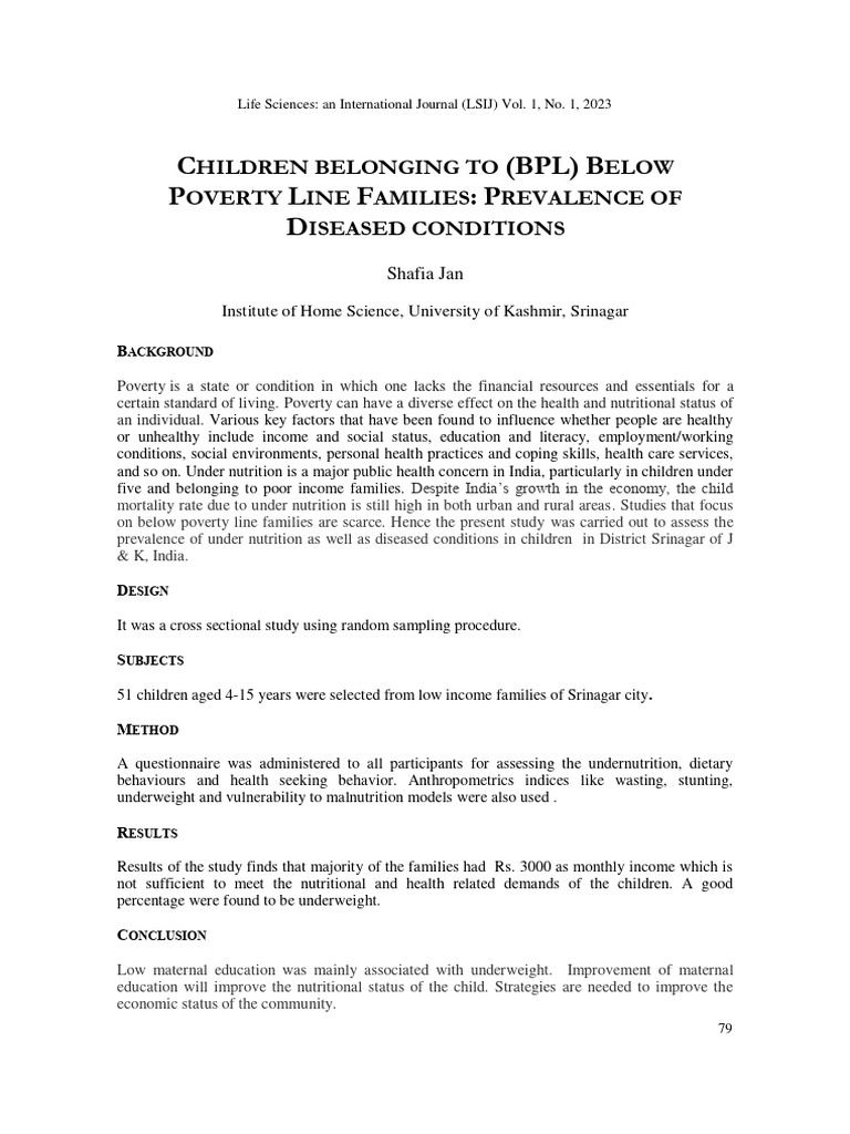 Children Belonging To (BPL) Below Poverty Line Families: Prevalence of ...