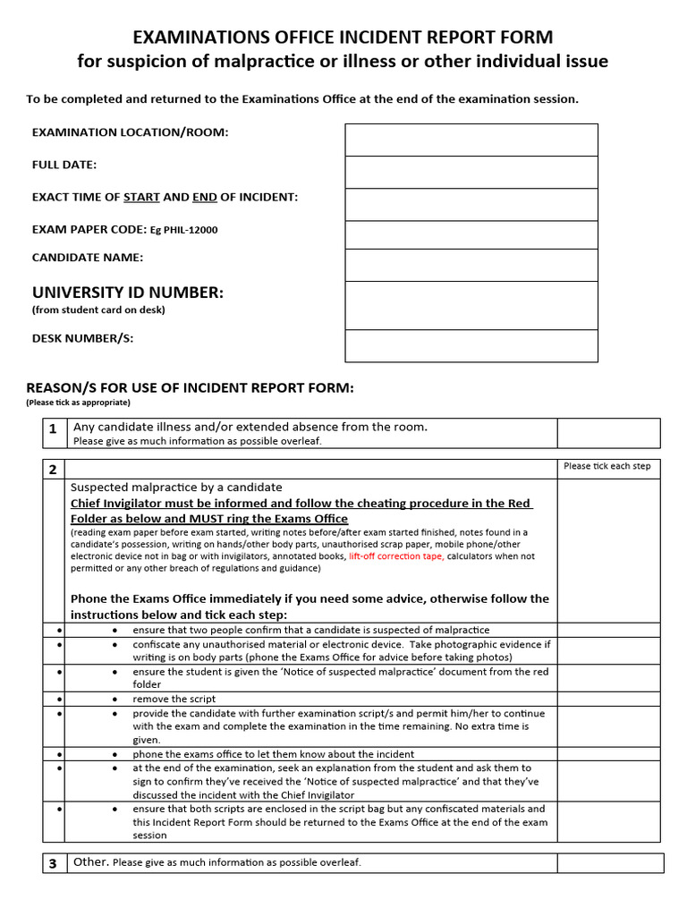 Incident Report Form Malpractice or Other Individual Issue | PDF