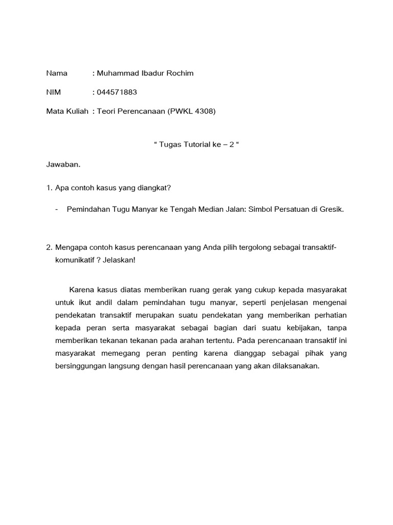 Jawaban Tugas Tutorial Ke 2 Teori Perencanaan | PDF