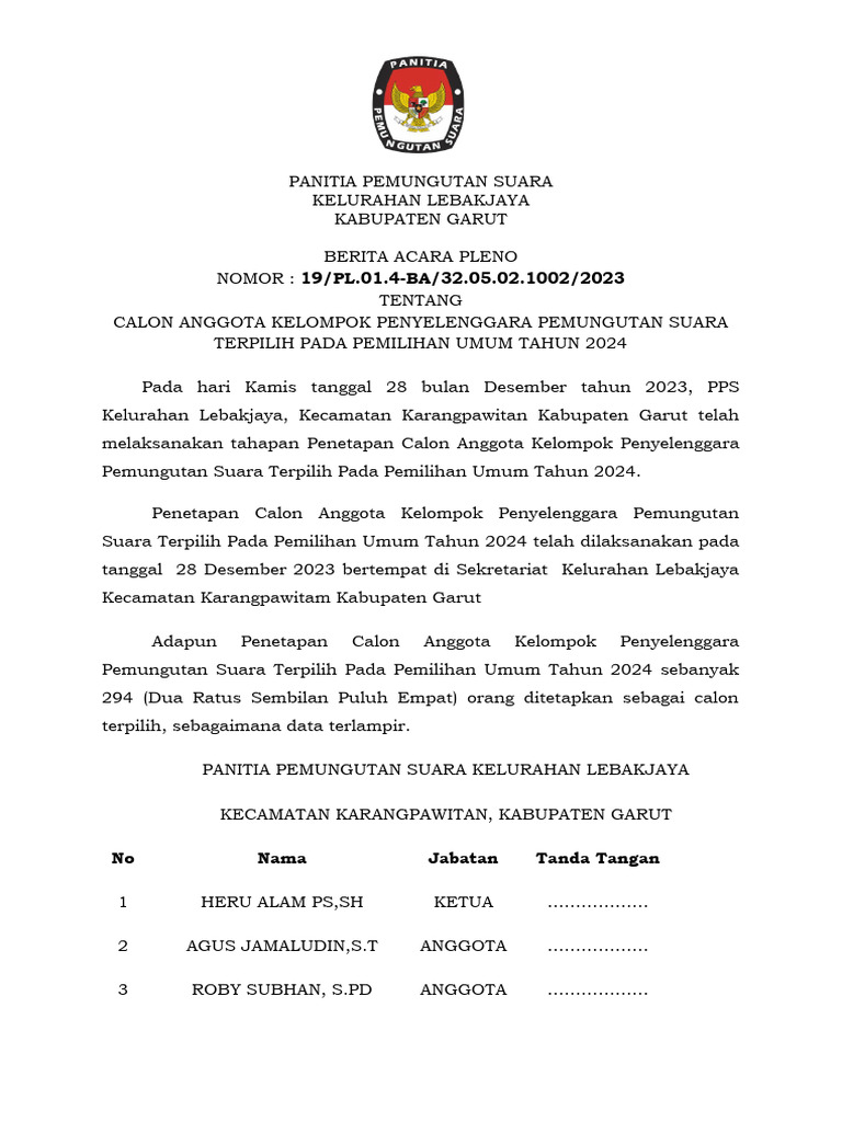 Berita Acara PPS Hasil Penetapan Seleksi KPPS Fix | PDF