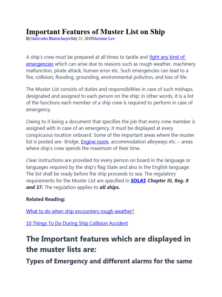 W3 - Important Features of Muster List on Ship | PDF | Ships | Shipping