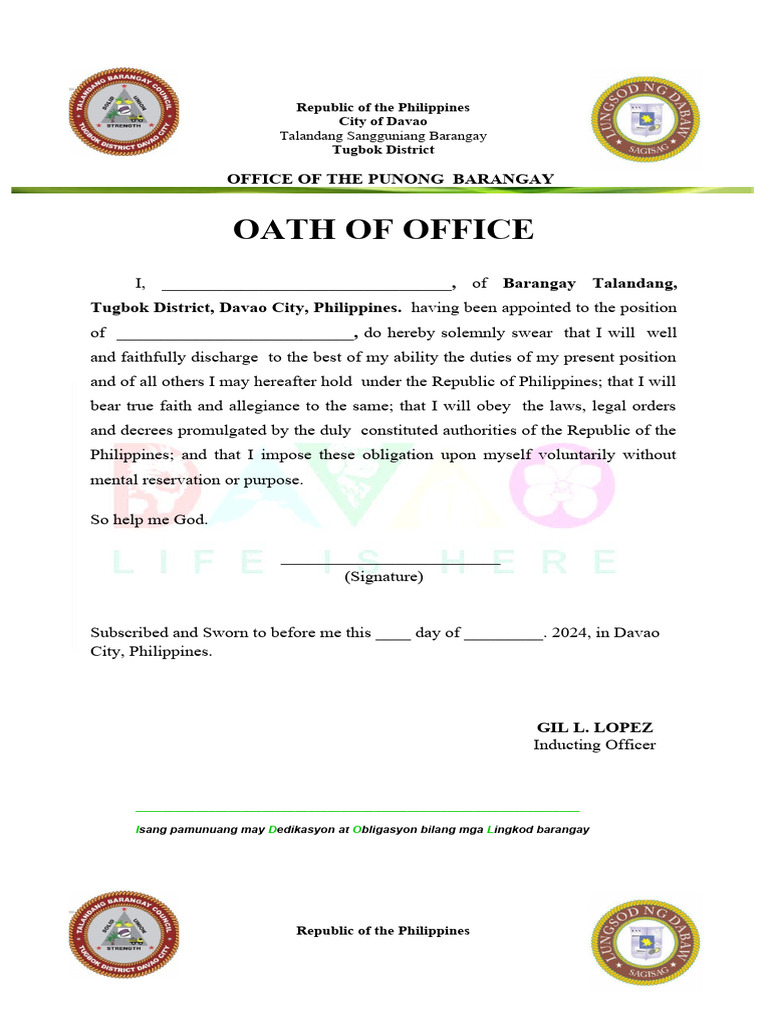 Sample Oath of Office | PDF | Oath Of Office | State Ritual And Ceremonies