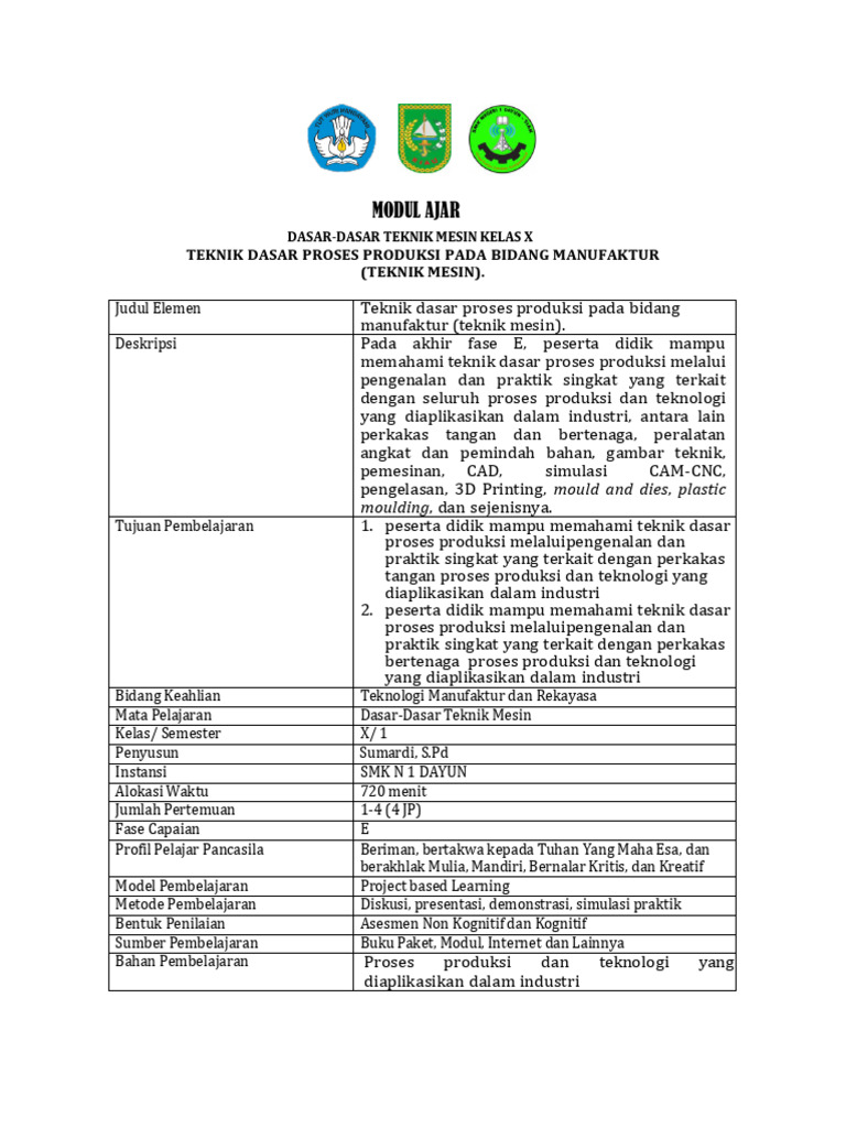 Modul Ajar: Dasar-Dasar Teknik Mesin Kelas X Teknik Dasar Proses Produksi Pada Bidang Manufaktur ...