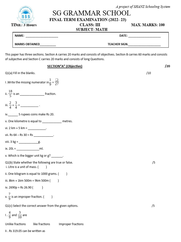 Cls 3 math paper | PDF | Units Of Measurement | Metrology